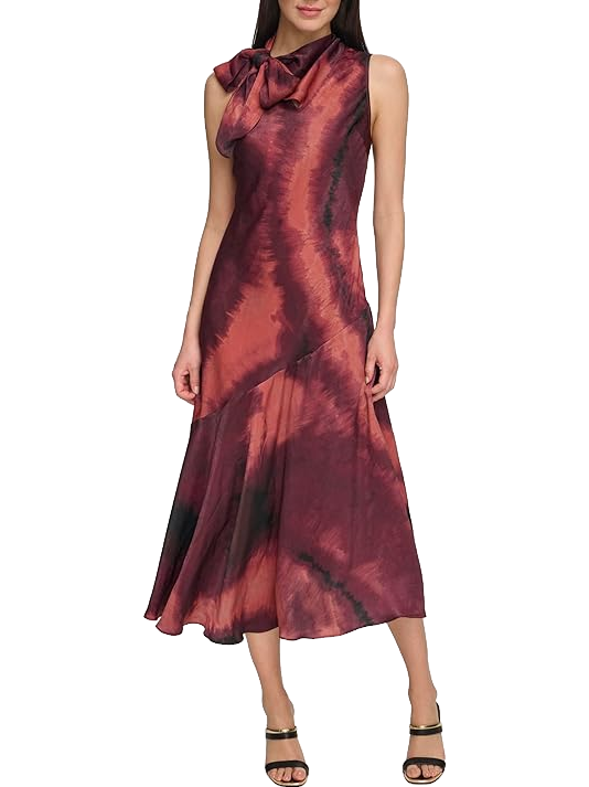 dkny printed tie neck midi dress