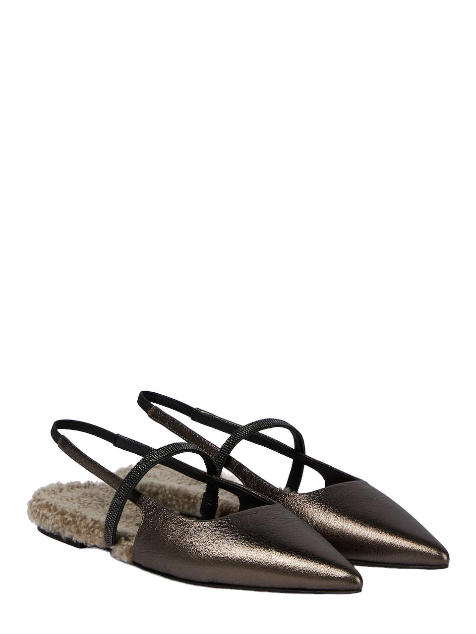 BRUNELLO CUCINELLI Brunello Cucinelli Embellished Leather Slingback Flats