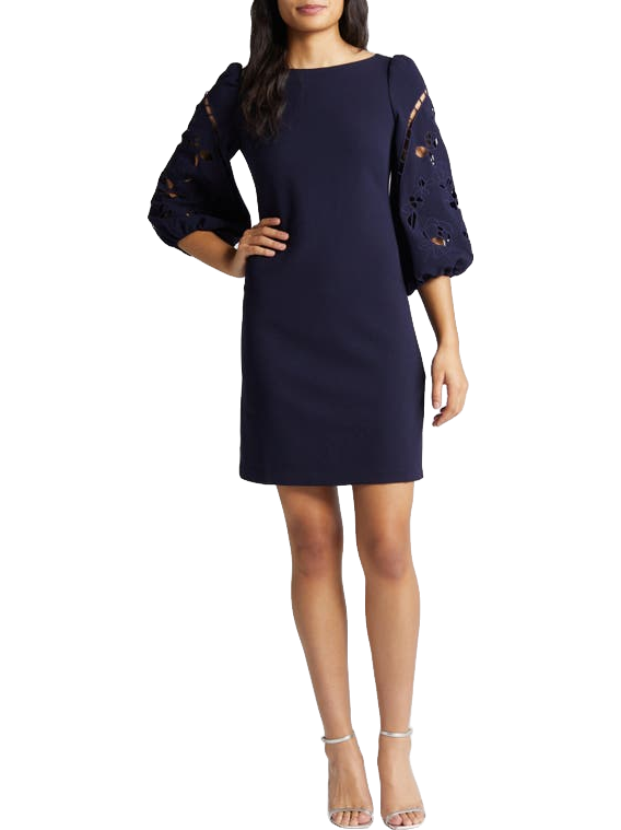 Vince Camuto Eyelet Sleeve Crepe Shift Dress In Aqua - 70% Off |  Editorialist