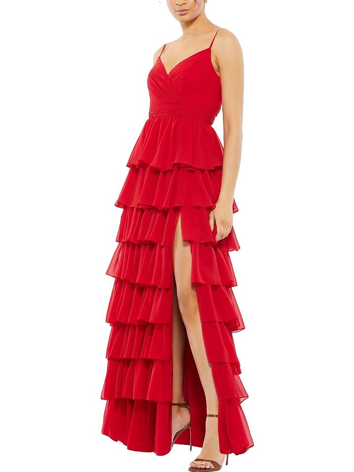 MAC DUGGAL Sleeveless Gown with Tiered Ruffled Skirt and V-Neckline