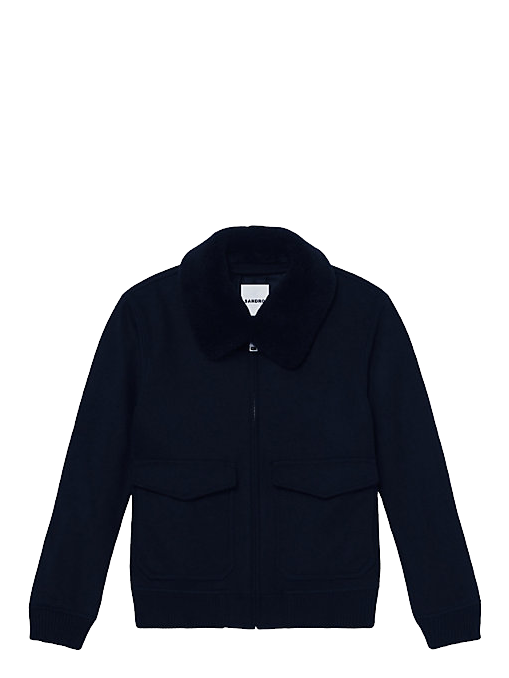 SANDRO Wool-Blend Aviator Jacket with Shearling Collar