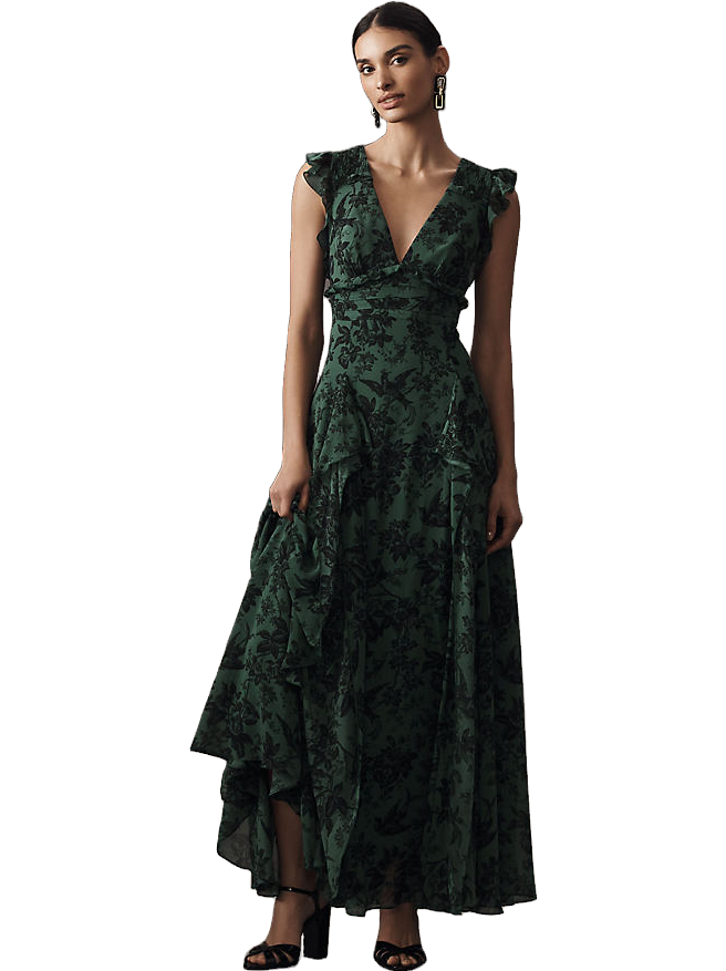 Bhldn Asha Flutter-Sleeve V-Neck Chiffon Maxi Dress In Green - 30% Off | Editorialist Bhldn Asha Flutter-Sleeve V-Neck Chiffon Maxi Dress In Green - 30% Off | Editorialist
