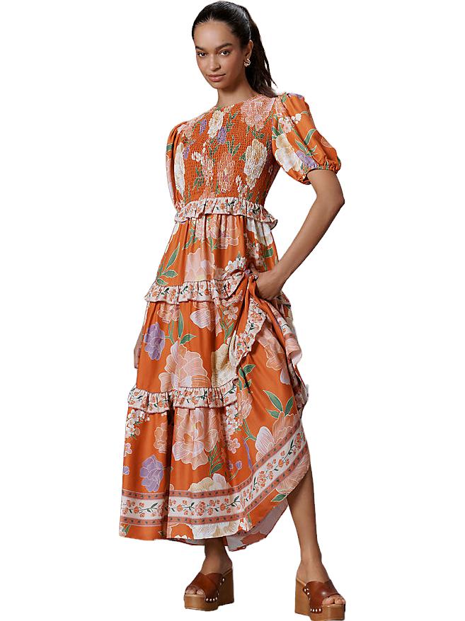 Farm Rio Short-Sleeve Tiered A-Line Maxi Dress In Black - 39% Off