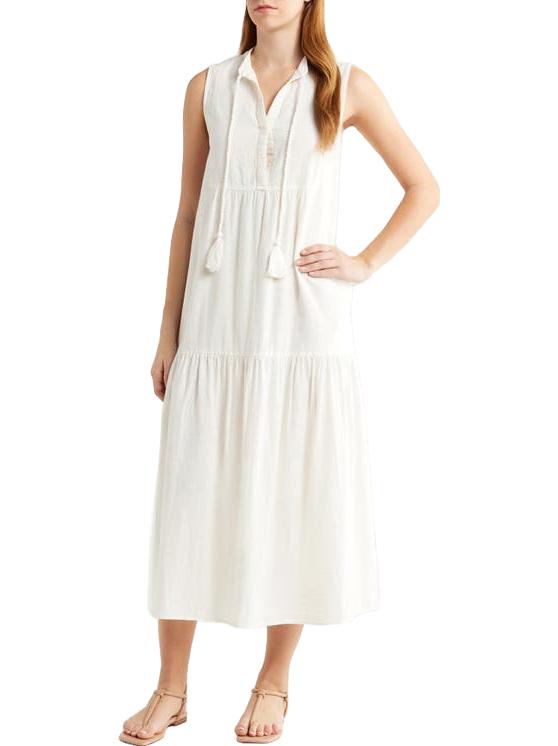 ELAN Elan Tiered Cotton & Linen Maxi Dress with Tassel Ties