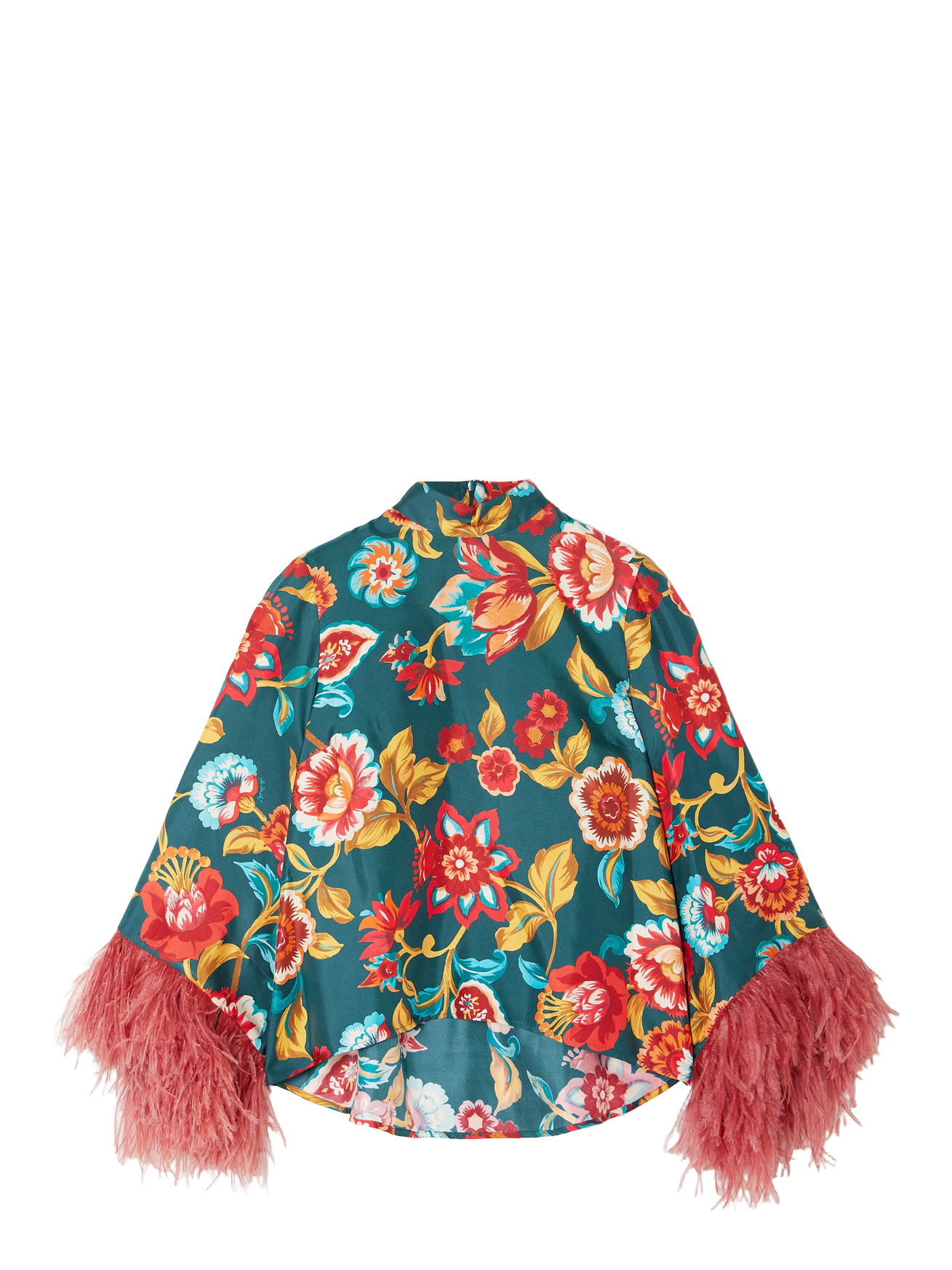 LA DOUBLEJ La DoubleJ Feather-Trimmed Floral-Print Silk-Twill Top