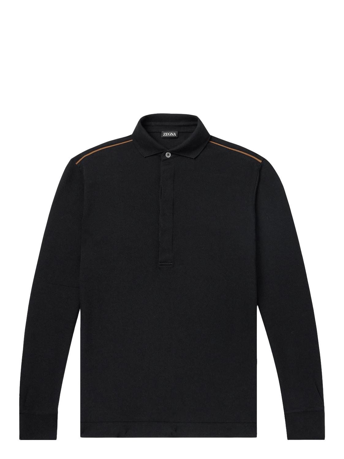 ZEGNA Zegna - Leather-Trimmed Cotton-Piqué Polo Shirt - Men - Black