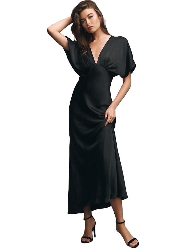 BHLDN Amelia Deep-V Flutter-Sleeve Satin A-Line Gown