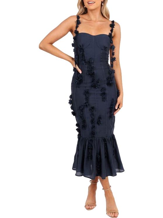 MAC DUGGAL Mac Duggal Hand-Beaded Floral Midi Dress with Flounce Sleeves