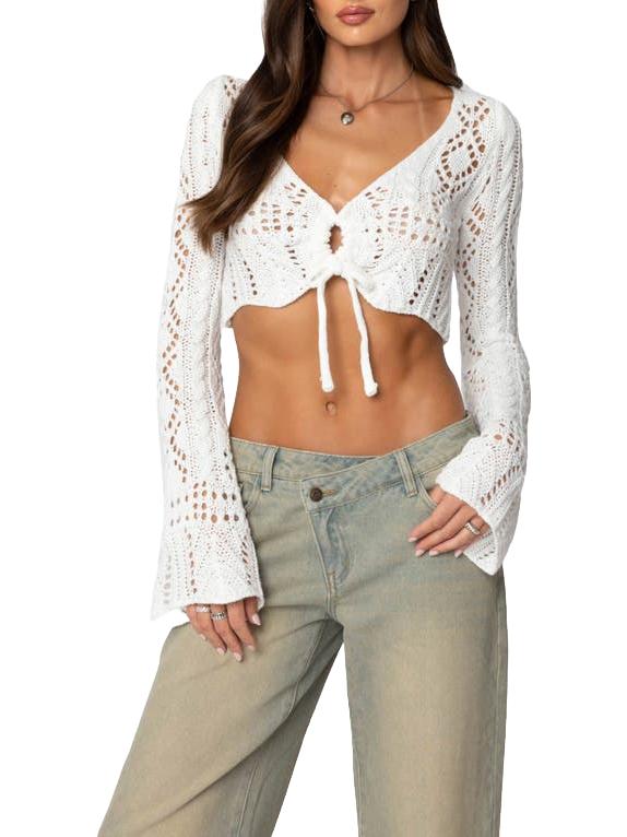 EDIKTED EDIKTED Tie-Front Crochet Crop Top