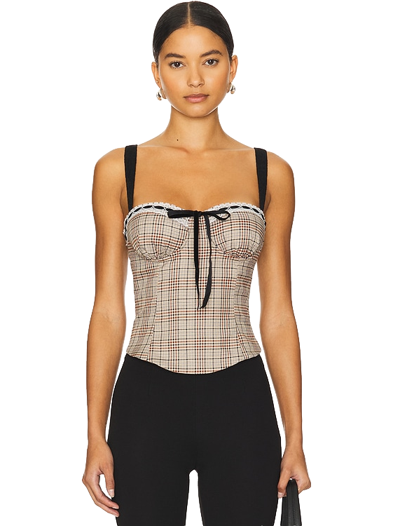 MORE TO COME MORE TO COME Corset Top with Plaid Pattern and Lace Trim