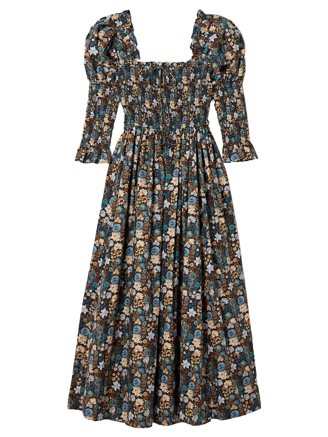 DÔEN DÔEN Bijou Shirred Floral-print Midi Dress