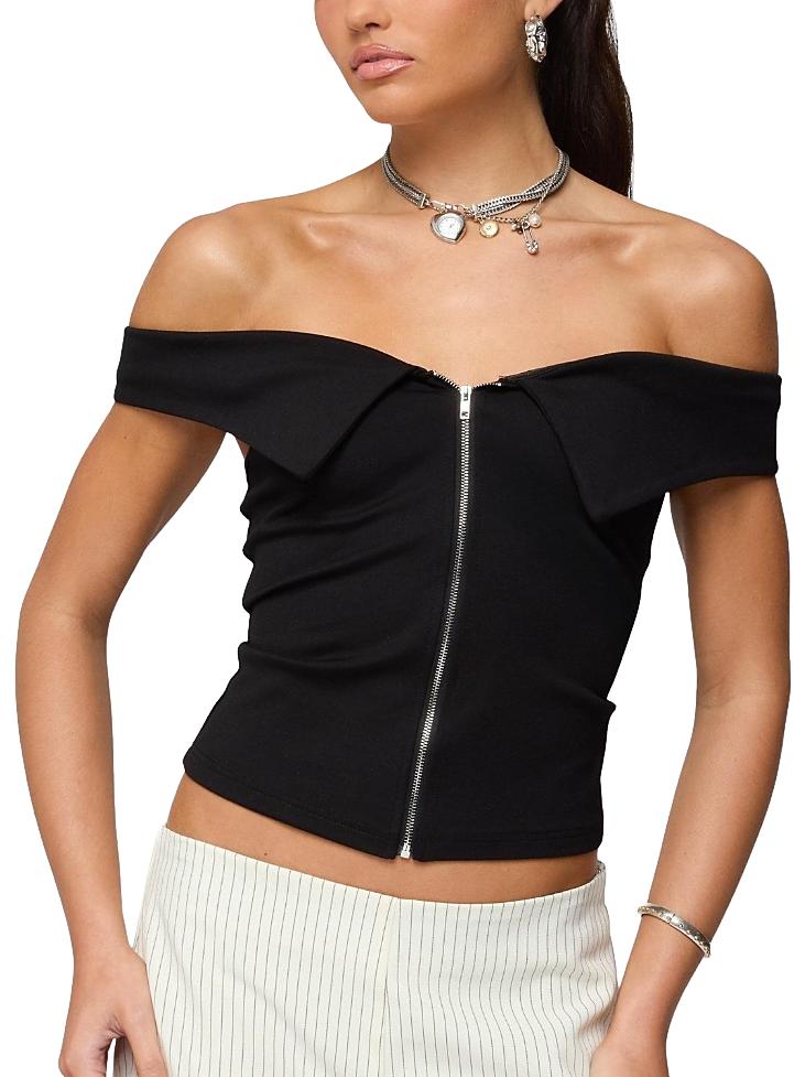 EDIKTED Collared Off-Shoulder Zip-Up Top