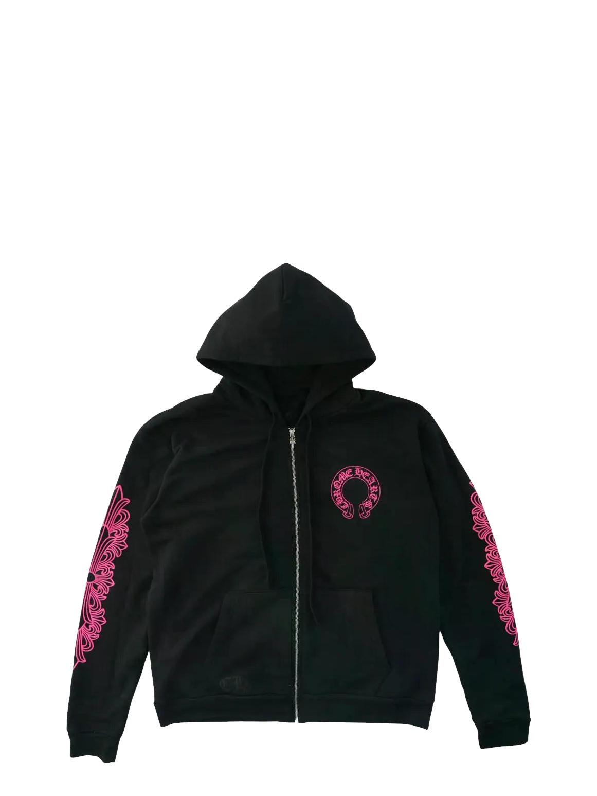 Chrome Hearts Horseshoe Floral Cross Sleeve Zip Up Hoodie - Black