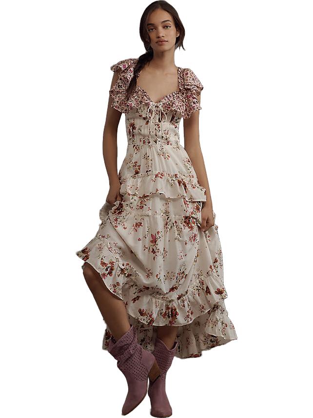 chinese dress ladies Ruffle-Trim Corset Maxi Dress in Ivory - 10 main image 0