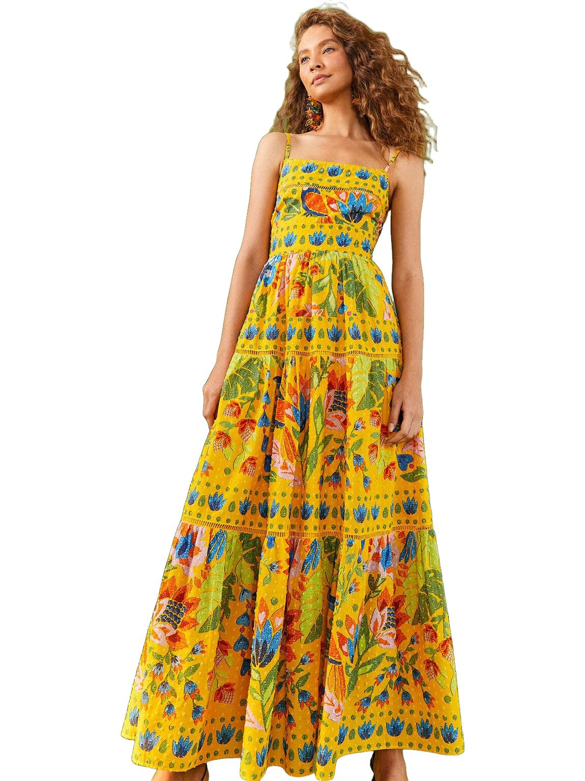 knee length dresses for ladies Yellow Floral Yard Lenzing™ Ecovero™ Euroflax™ Midi Dress – FARM Rio