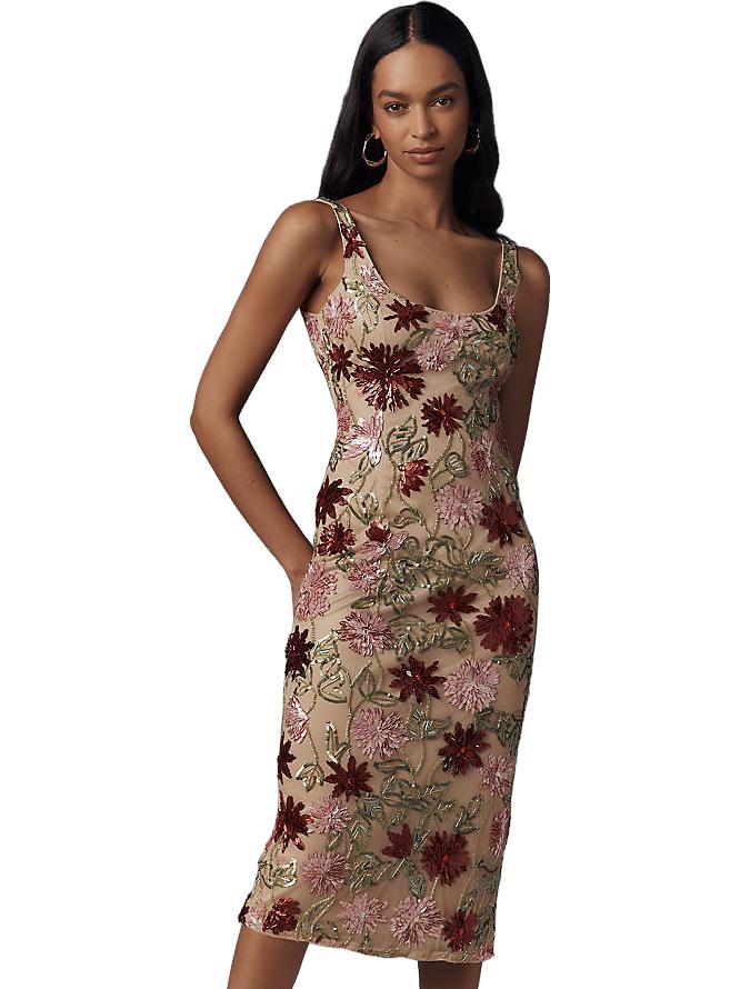 Mac Duggal Floral Beaded Mesh Midi Dress - Multicolor | Editorialist