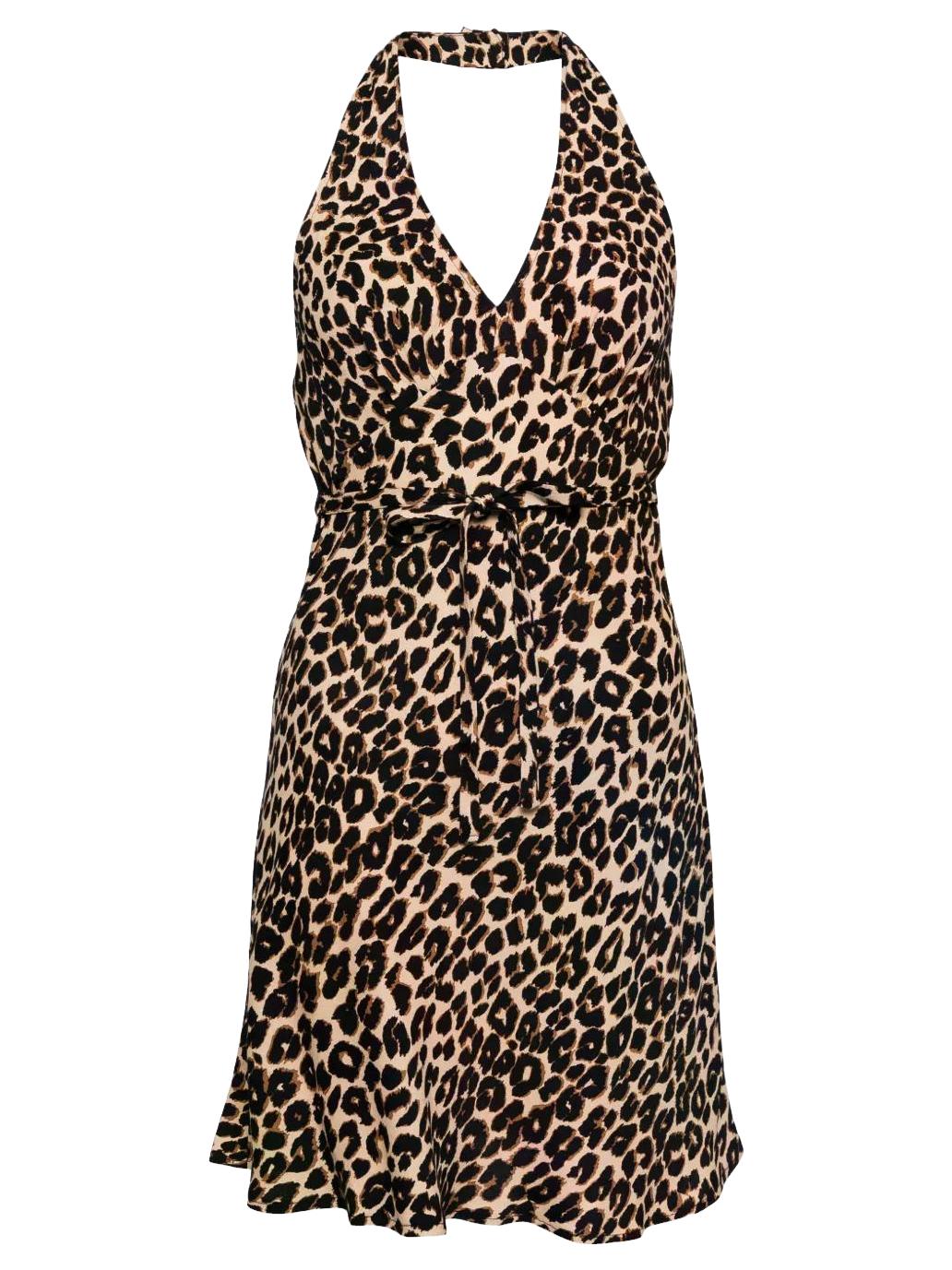 wrap halter dress Tan Leopard Print Halter Mini Dress - Event Dresses main image 0