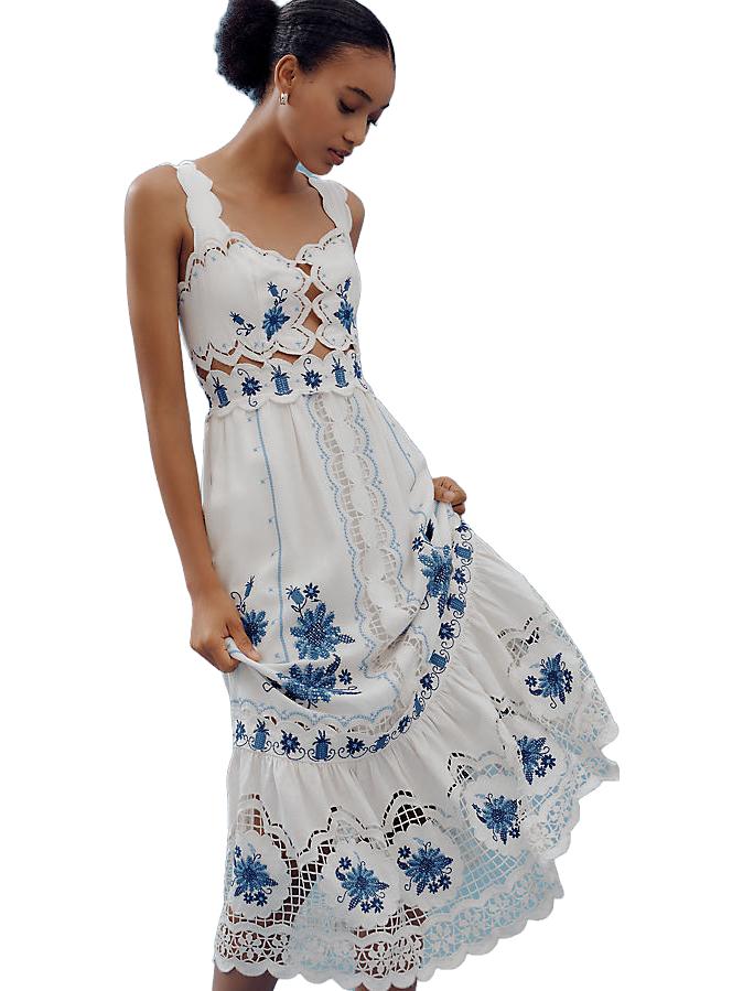 Farm Rio Cross-Stitch Richelieu Linen Blend Midi Dress - White | Editorialist Farm Rio Cross-Stitch Richelieu Linen Blend Midi Dress - White | Editorialist