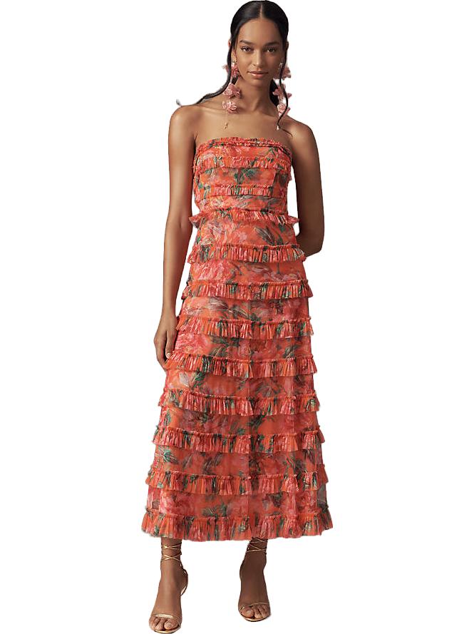 knee length dresses for ladies Midi Floral Wedding Guest Dress: Mac Duggal 8262 Pink Multi / 0