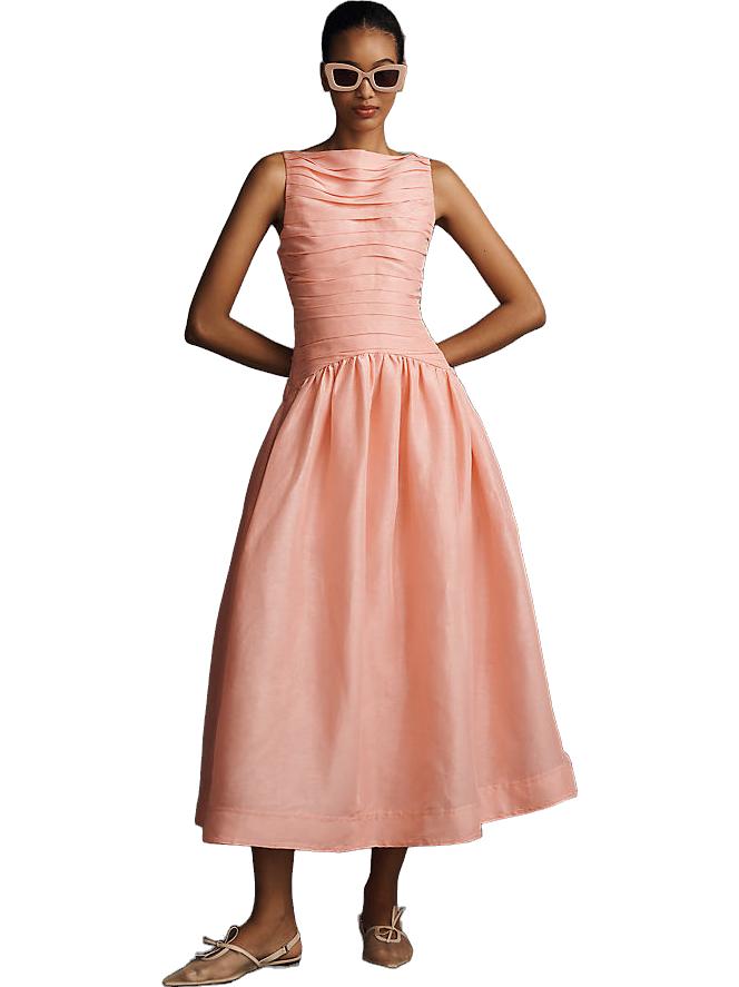 Lovaan Val Sleeveless Ruched Linen-Silk Midi Dress In Peach - 69% Off |  Editorialist