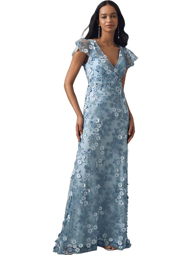 Mac Duggal Flutter-Sleeve Formal Appliqu Maxi Dress In Blue - 30% Off |  Editorialist