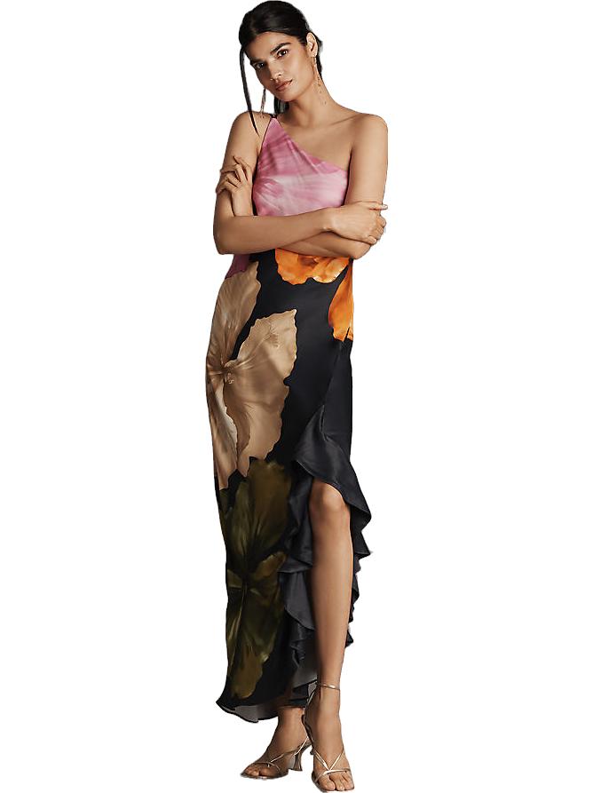 by anthropologie one-shoulder asymmetric floral maxi dress Asymmetric Striped Shirt Dress with Button Detail in Khaki Stripes main image 0