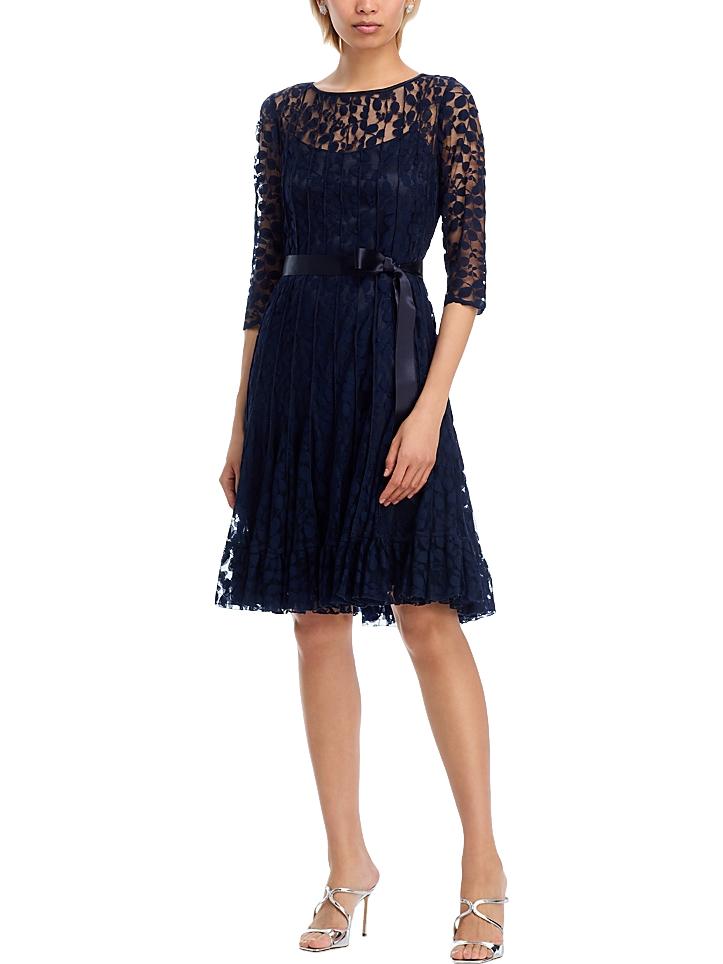 RICKIE FREEMAN FOR TERI JON Leaf Lace Pintuck Dress