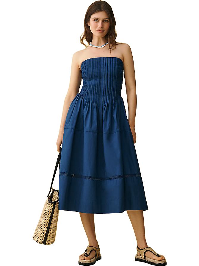 white christmas dresses Gathered in Grace Blue Floral Cotton Strapless Midi Dress main image 1