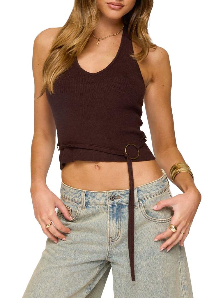 EDIKTED Belted Knit Halter Top