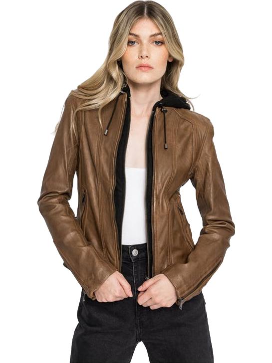 LAMARQUE LAMARQUE Arlette Leather Biker Jacket with Removable Hood