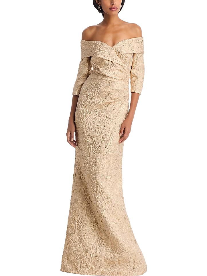 RICKIE FREEMAN FOR TERI JON Off-the-Shoulder Metallic Jacquard Gown