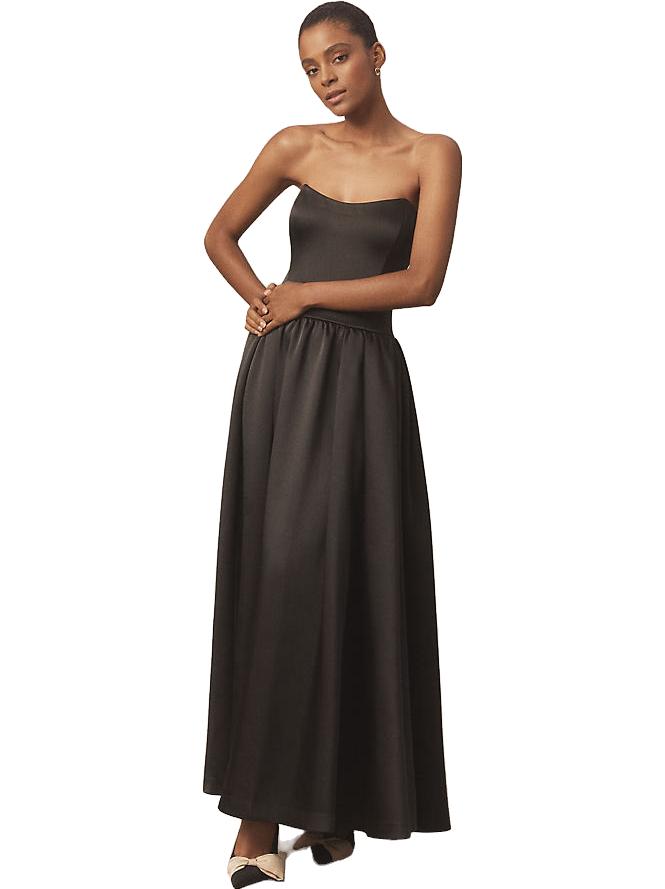 Bhldn Miley Strapless Drop-Waist High-Shine Satin Maxi Dress - Black |  Editorialist