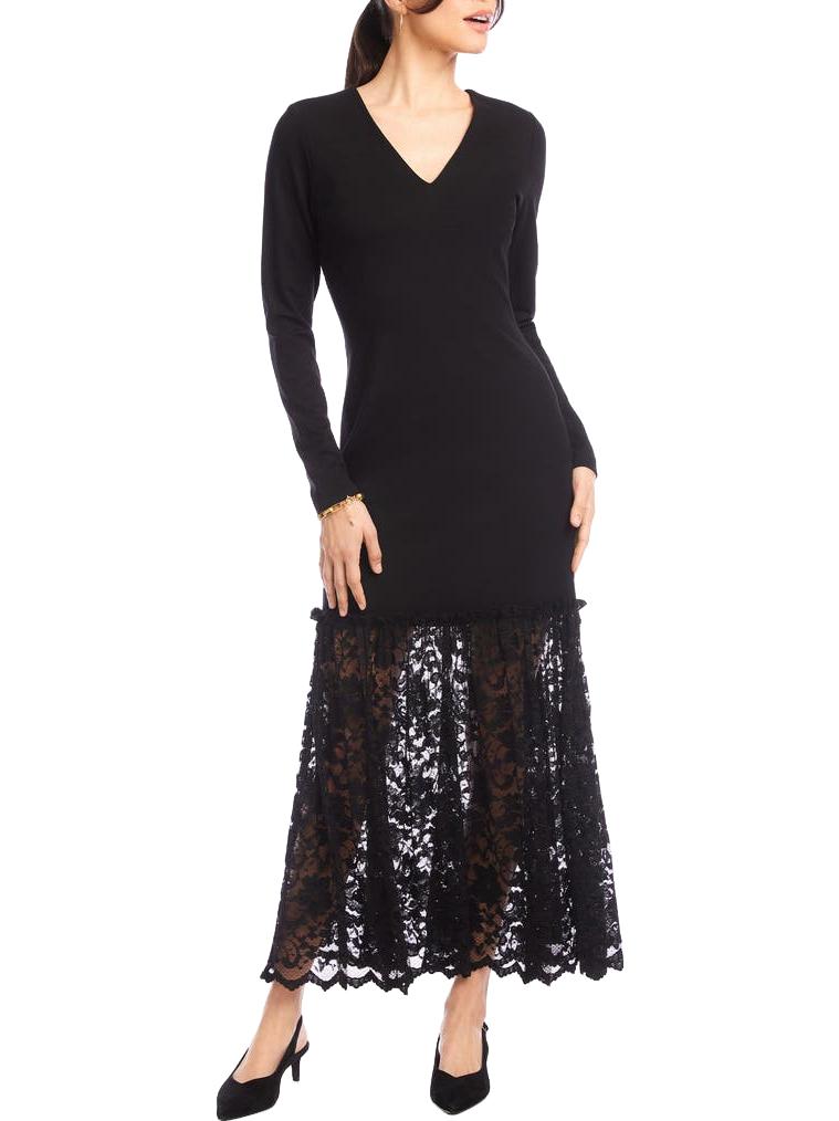 VALENTINO Ribbed-Knit Midi Dress with Lace Detail