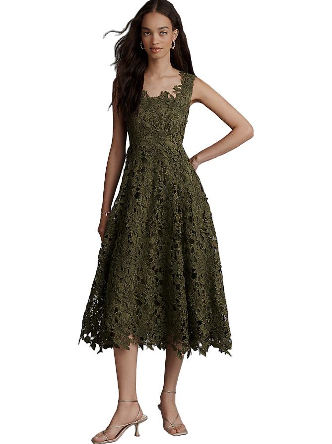 Mac Duggal Lace Cutwork Midi Dress - Green | Editorialist