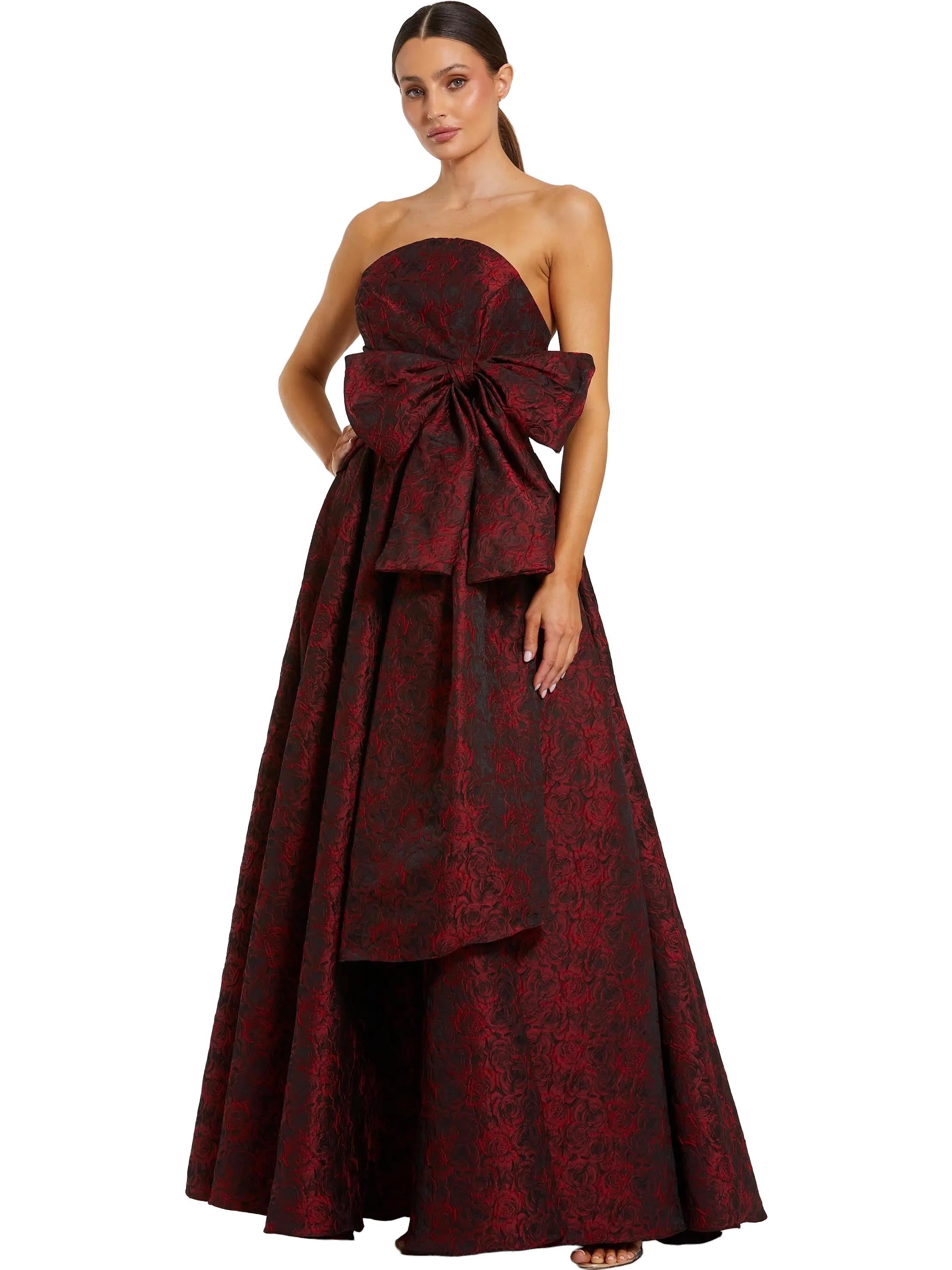 MAC DUGGAL Strapless Brocade Gown with Bow Detail