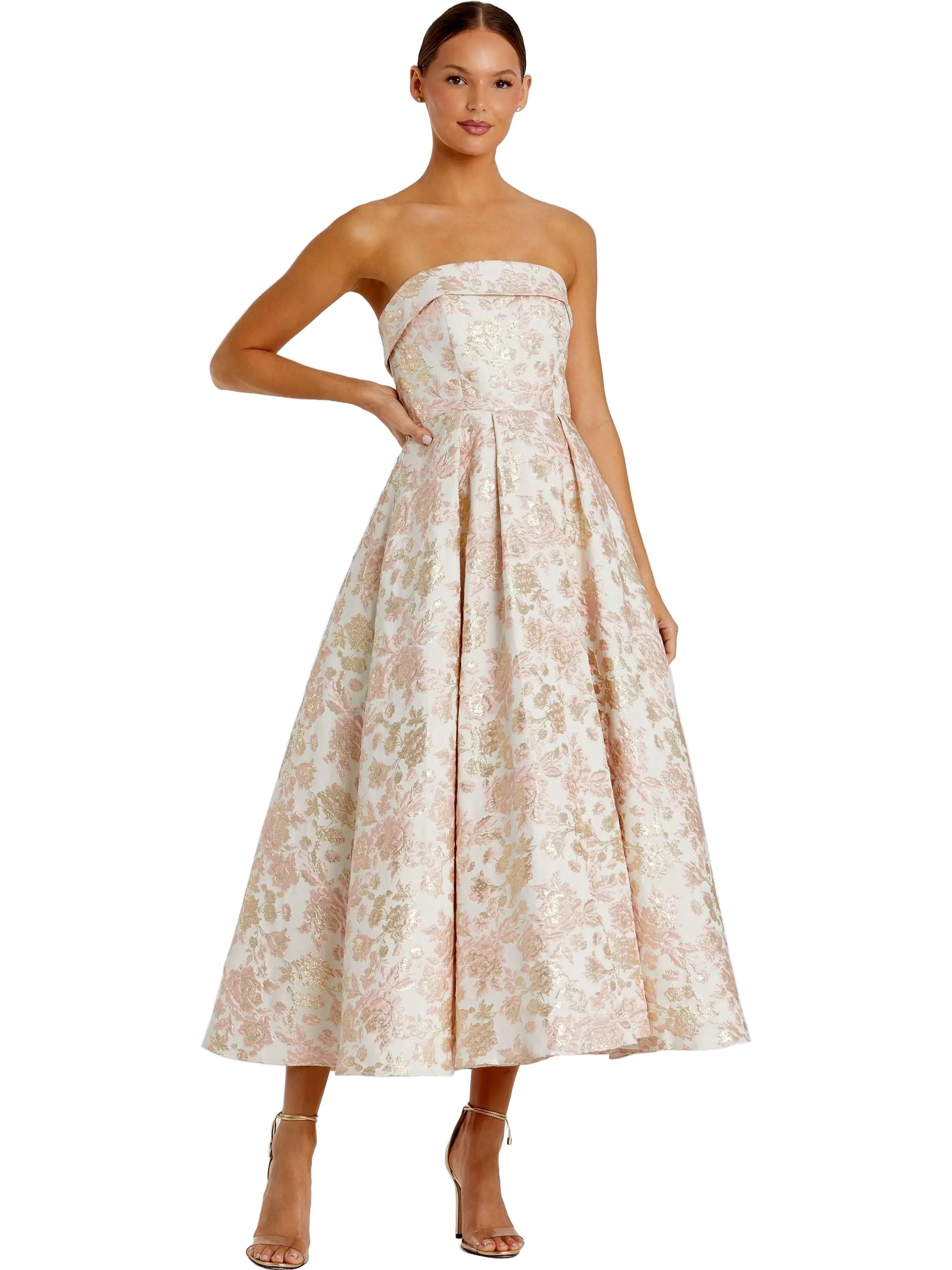 pink floral brocade strapless a line midi dress Pink Floral Brocade Strapless A Line Midi Dress main image 0