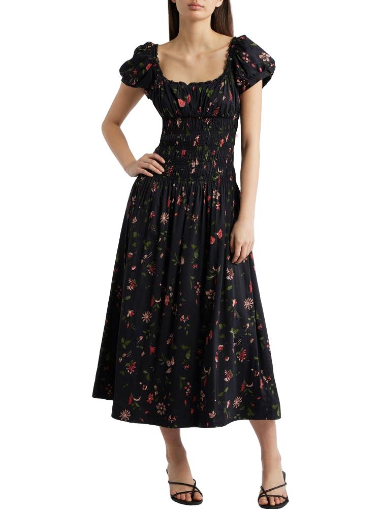 Reformation Gitane Shirred Floral-Print Linen Midi Dress - Blue |  Editorialist