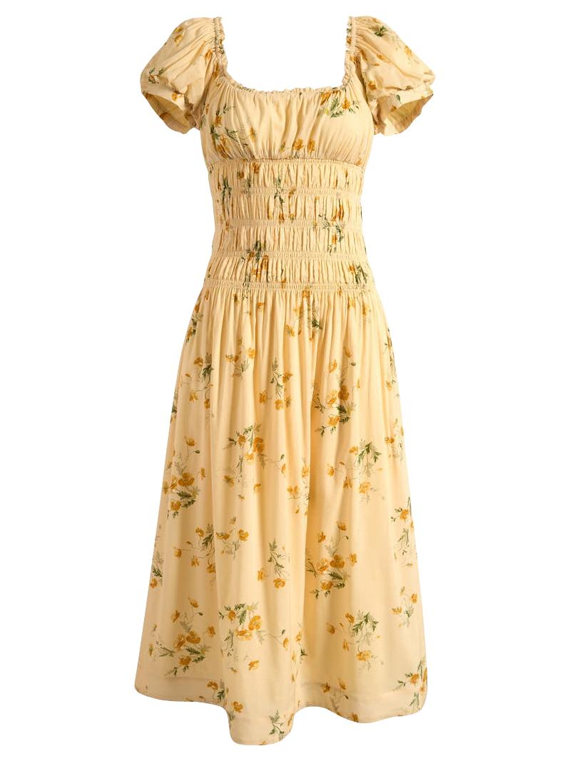 Reformation Gitane Shirred Floral-Print Linen Midi Dress - Blue |  Editorialist