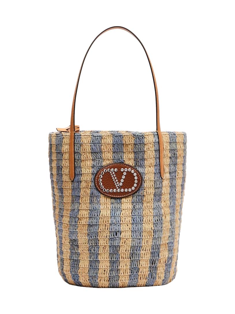 VALENTINO VLogo Striped Raffia Tote