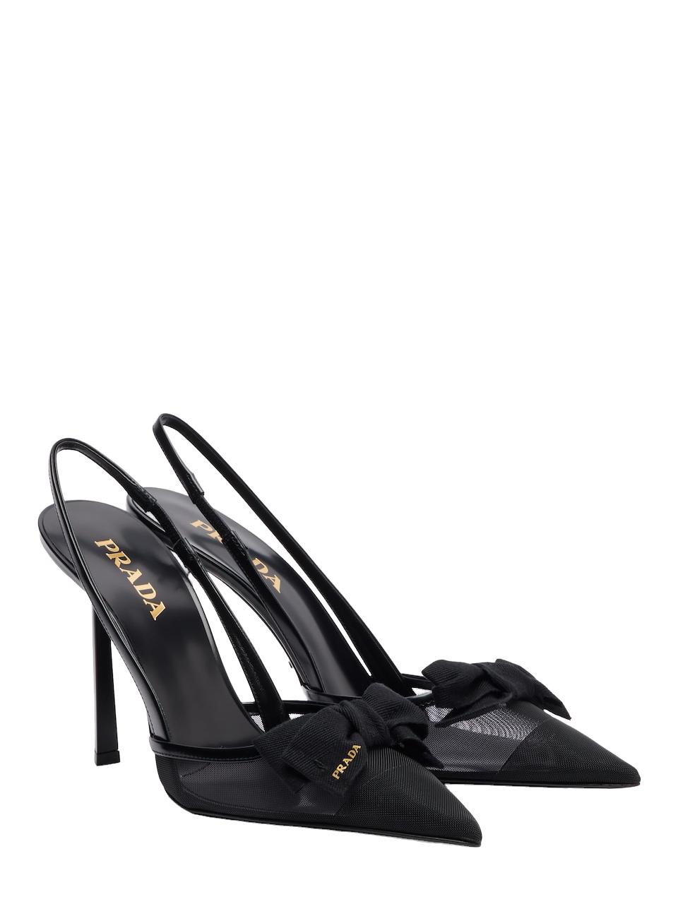 PRADA 100 leather-trimmed mesh slingback pumps