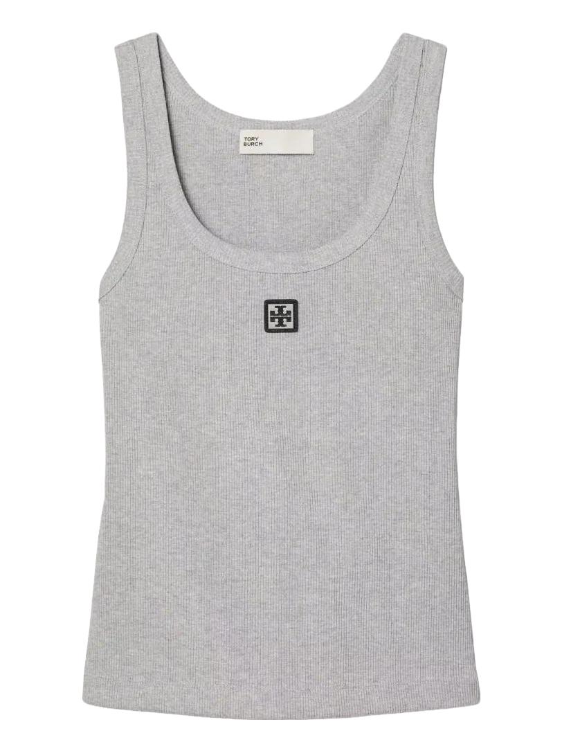 TORY BURCH Tory Burch Ribbed Cotton Scoop Neck Tank with Logo Patch