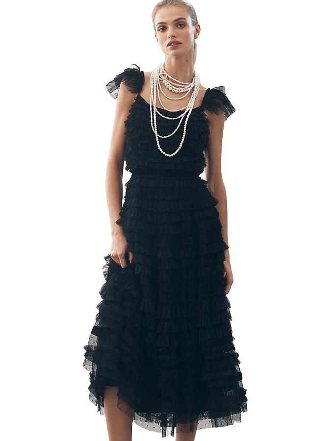 Mac Duggal - Black Ruffle Cap Sleeve Tiered Midi Dress - US 4