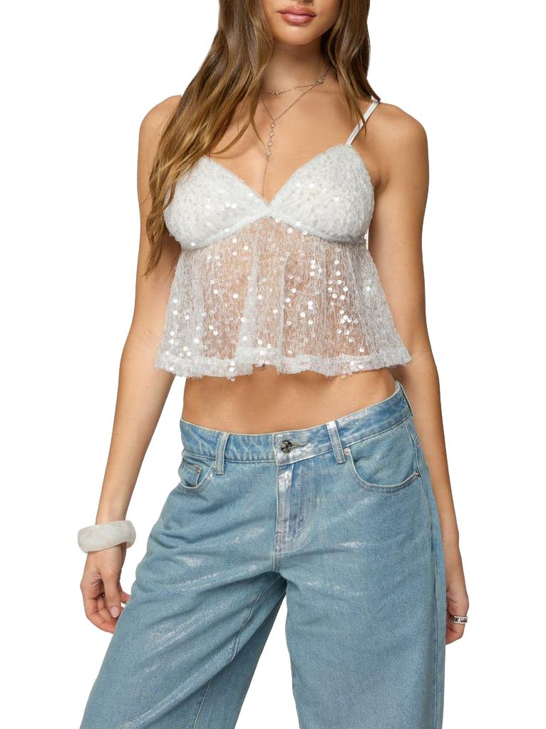 EDIKTED Sequin Mesh Babydoll Camisole
