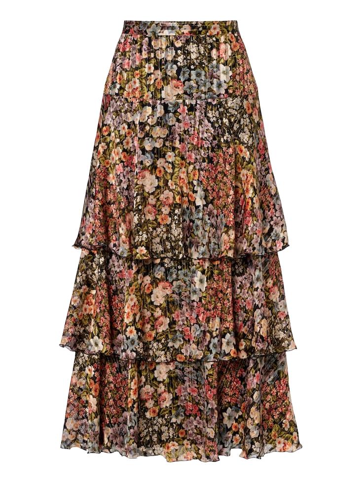 VALENTINO Floral Plissé Tiered Silk Midi Skirt