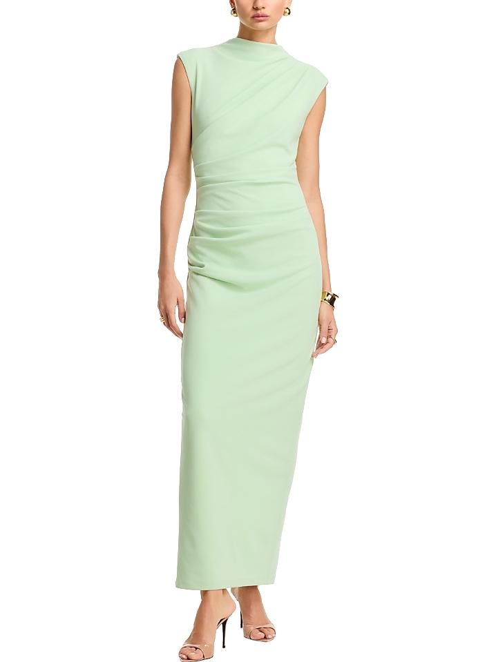 AQUA Long Scuba Crepe Ruched Mock Neck Dress
