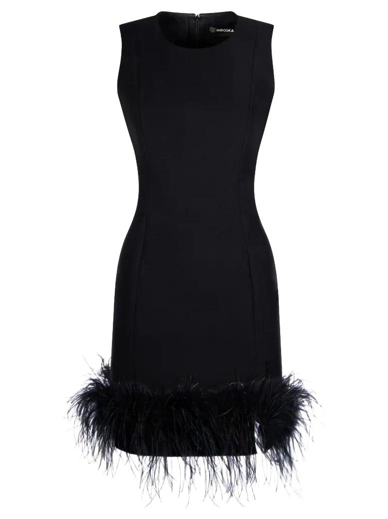 MAC DUGGAL Ruched High-Low Sheath Dress with Feather Trim