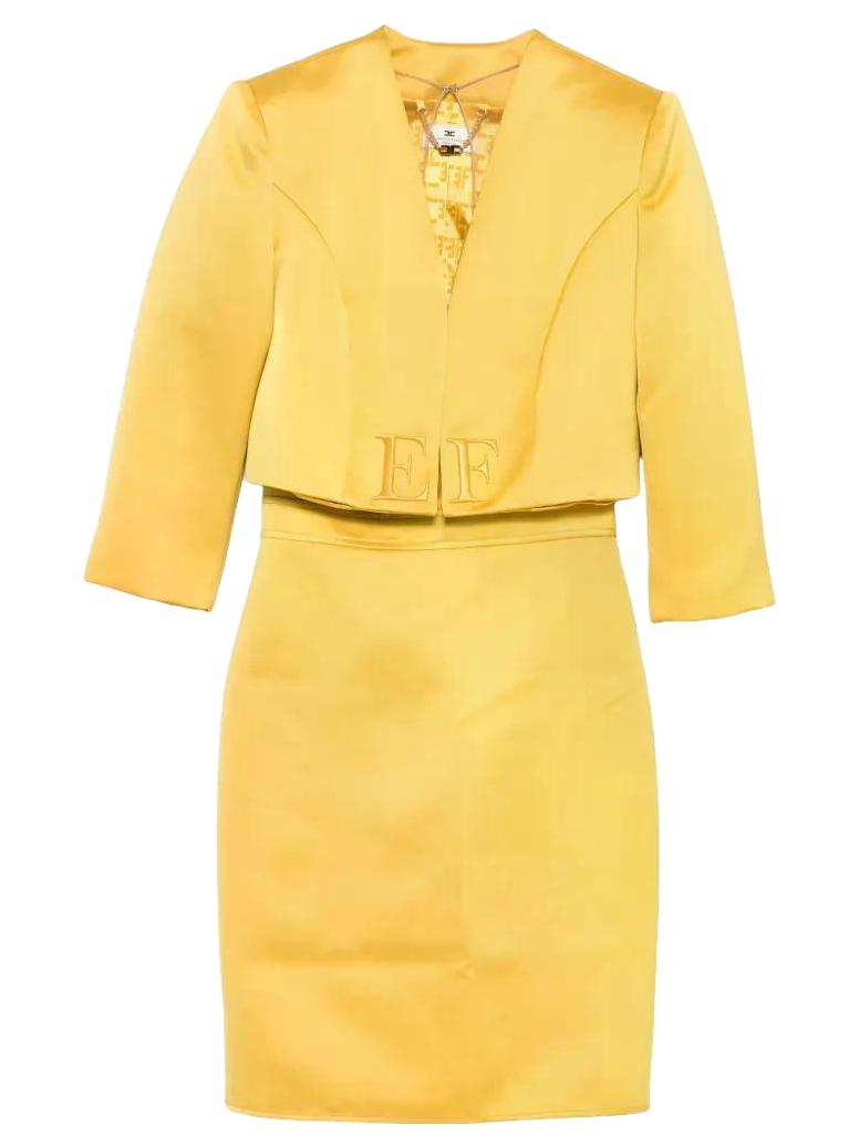 ELISABETTA FRANCHI Elisabetta Franchi Yellow Embroidered Padded Shoulder Mini Dress