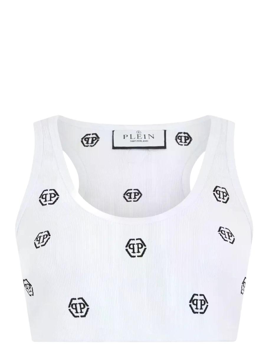 PHILIPP PLEIN PHILIPP PLEIN Ribbed Cropped Tank Top with All-Over Monogram