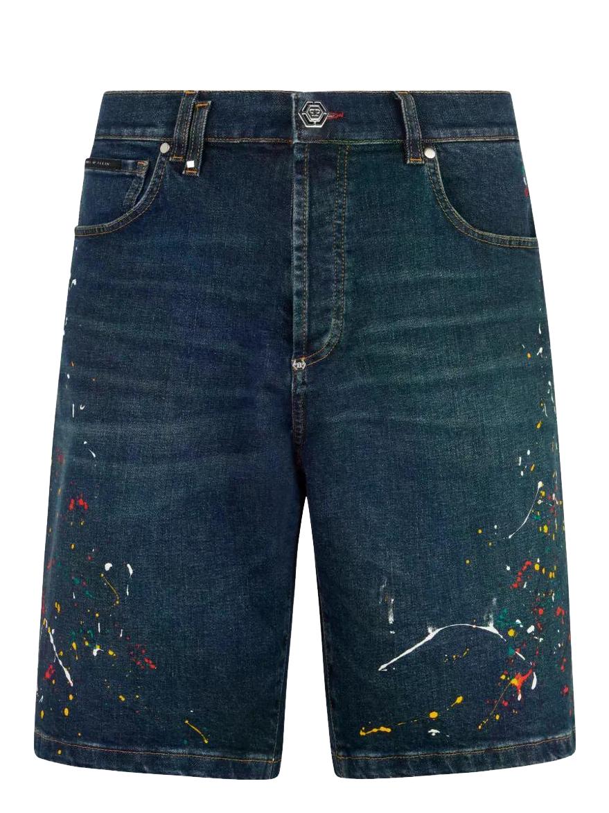 PHILIPP PLEIN Paint-Splatter-Effect Denim Shorts