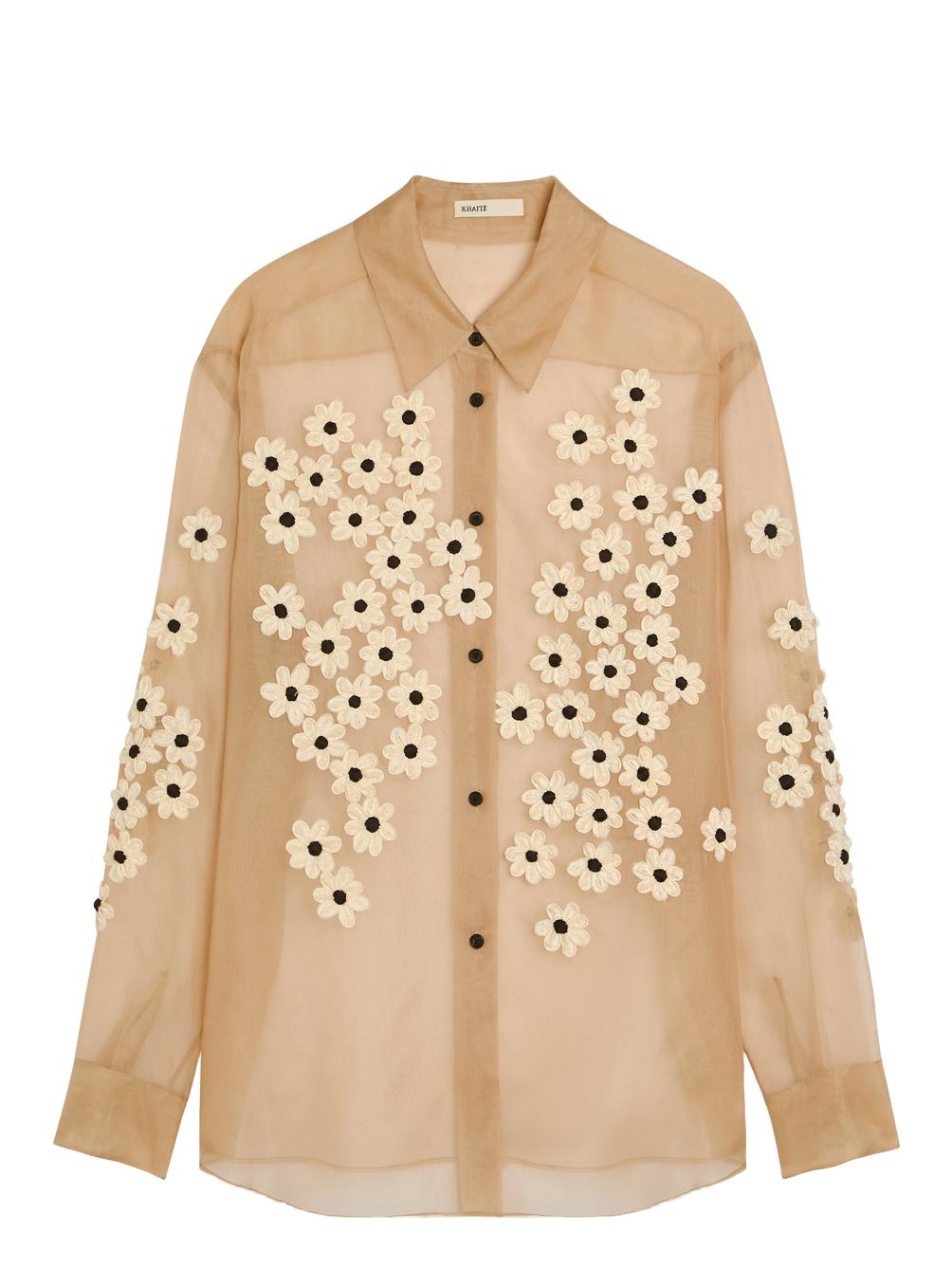 KHAITE Argo Floral-Appliquéd Silk-Chiffon Shirt